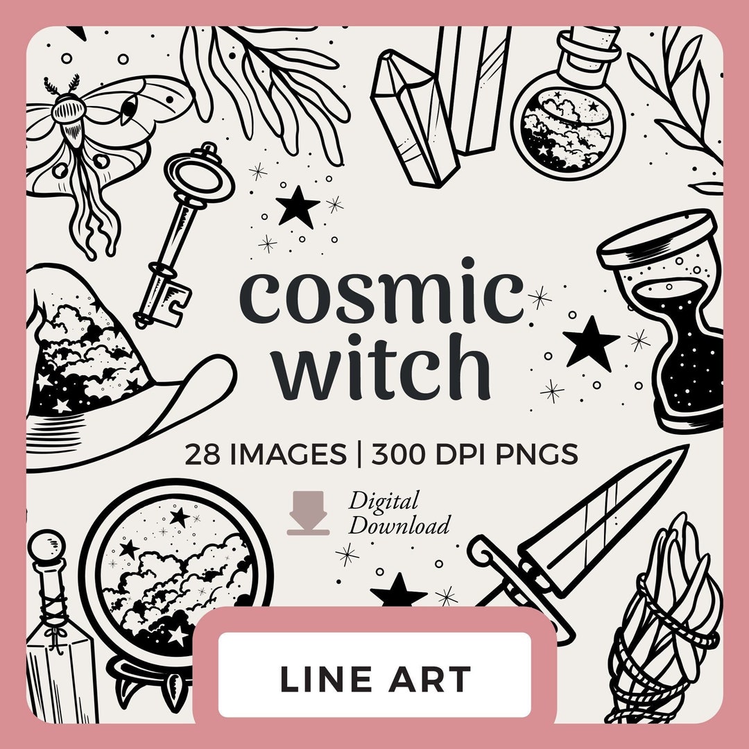 Celestial Witch Line Art | Hand-drawn Clipart Download | Cosmic Witch ...