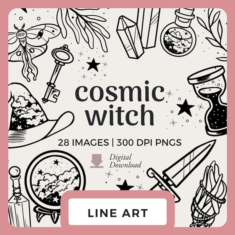 Celestial Witch Line Art Clipart: Cosmic Witchcraft Illustrations ...