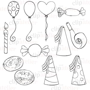 Birthday Line Art | Hand-drawn B-day Party Clipart Images | Digital ...