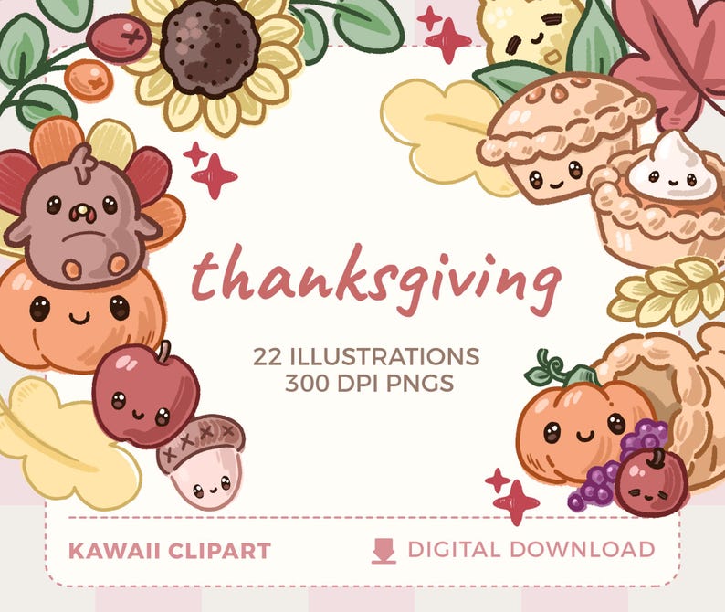 Kawaii Thanksgiving Clipart | Cute Turkeys and Harvest Crops PNG ...