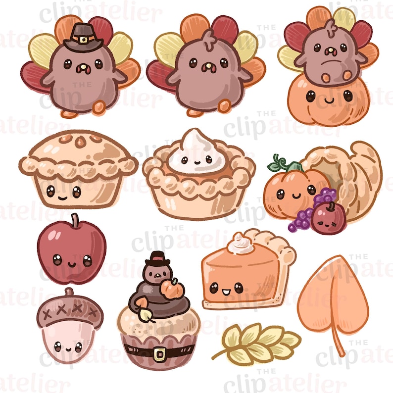 Kawaii Thanksgiving Clipart | Cute Turkeys and Harvest Crops PNG ...