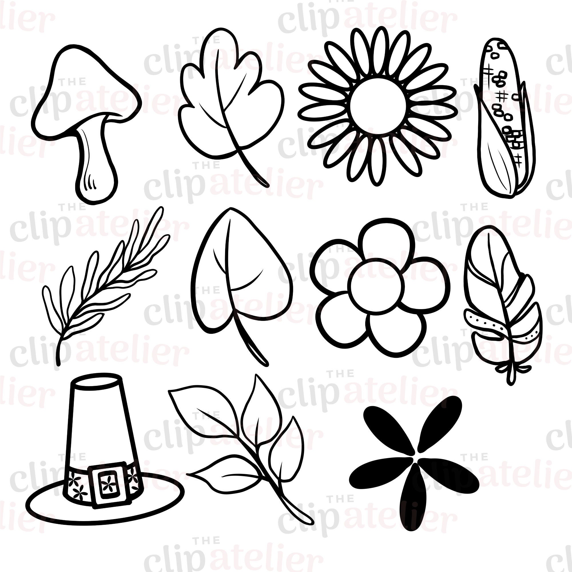 Boho Thanksgiving Line Art Kawaii Clipart Images Digital Stamp and ...