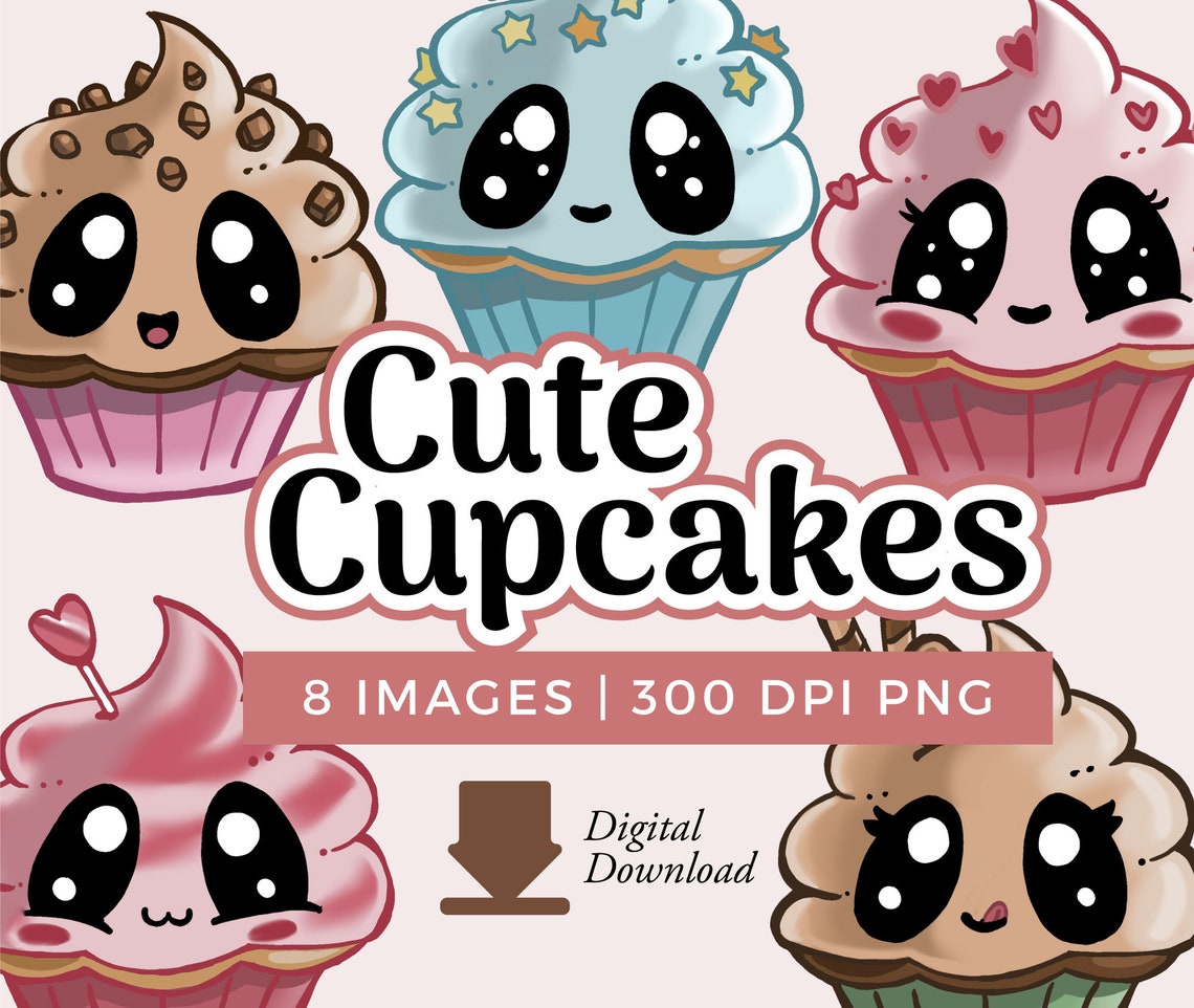 Cute Cupcake Clipart Illustrations Sweet Kawaii Cake Digital Download ...
