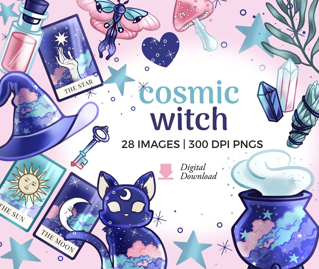 Cosmic Witch Clipart: Celestial Witch Hat, Tarot Cards, Starry Cat (PNG ...