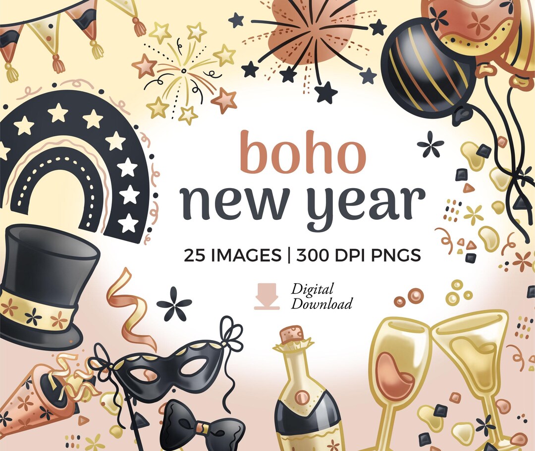Boho New Year Clipart: New Year's Eve Party Illustrations (PNG, Digital ...