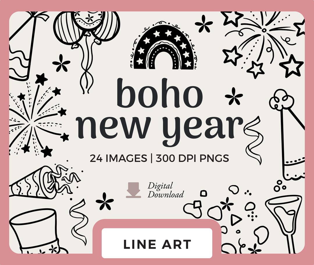 Boho New Year Line Art Clipart: New Years Eve Celebration PNG Images ...