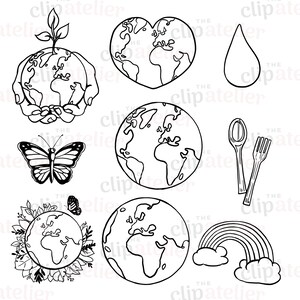 Earth Day Line Art: Black & White Sustainability and Recycling Graphics ...