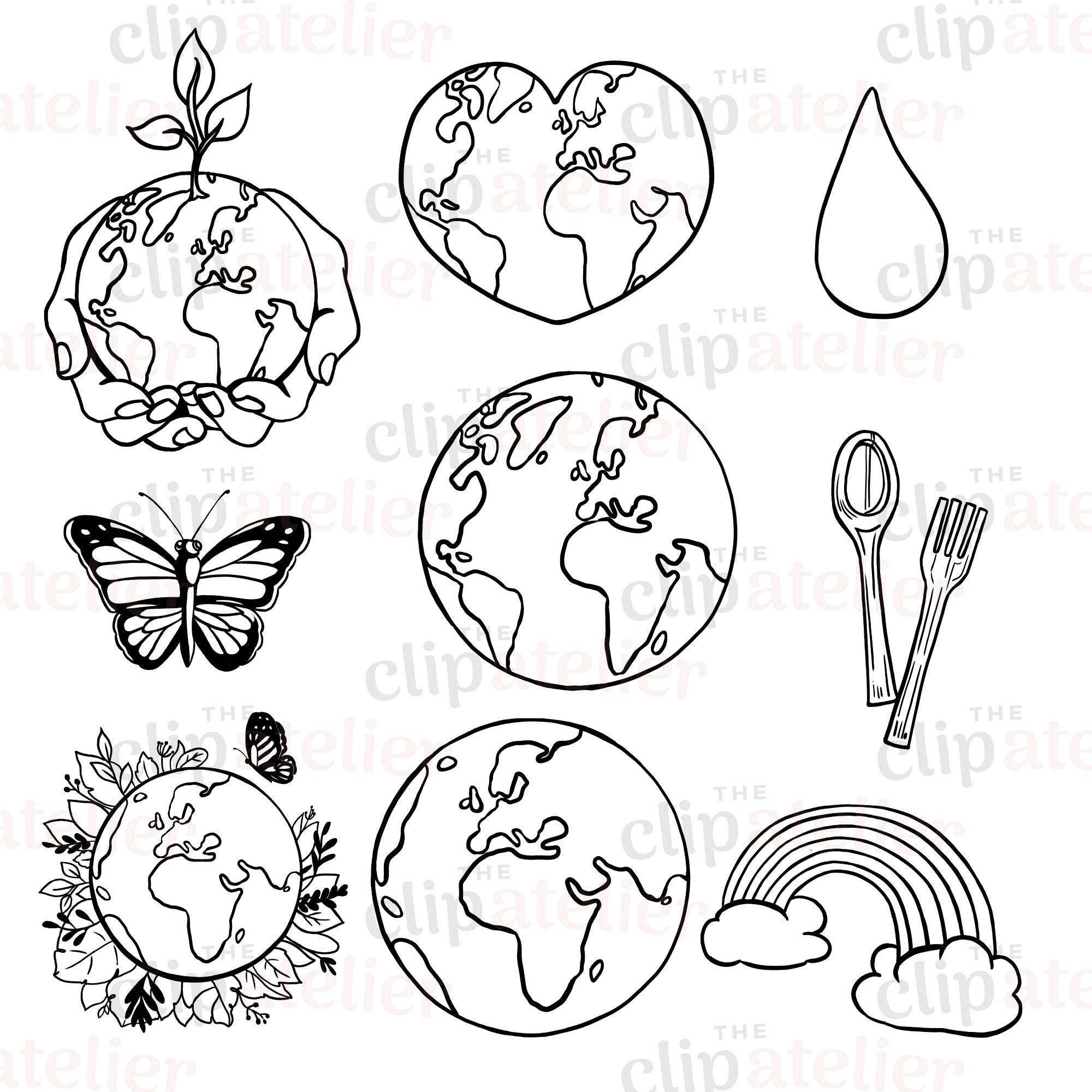 Earth Day Line Art: Black & White Sustainability and Recycling Graphics ...