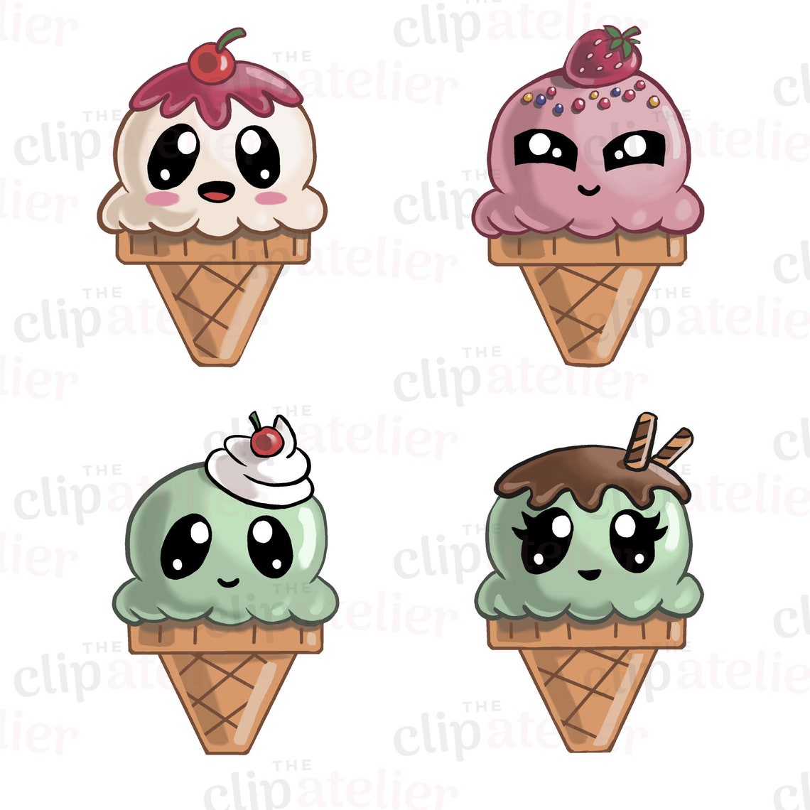 Cute Ice Cream Cones Clipart Illustrations Sweet Kawaii Digital ...