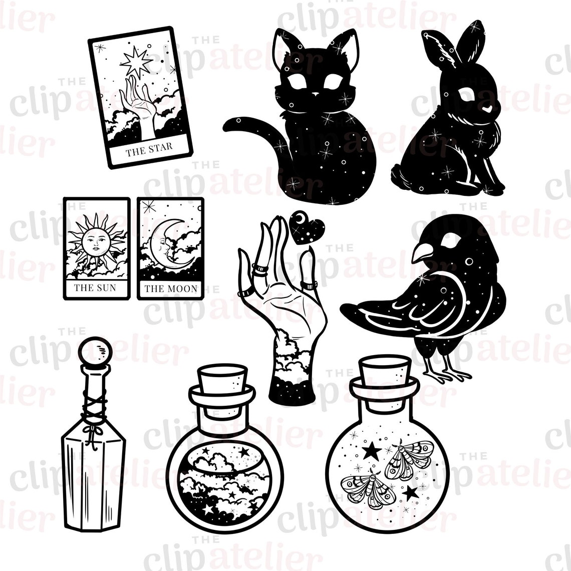 Celestial Witch Line Art Hand-drawn Clipart Download Cosmic Witch ...