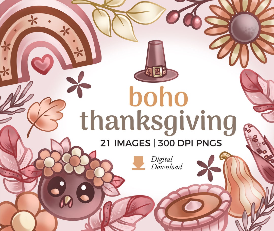 Boho Thanksgiving Clipart Images | Kawaii Turkey Clipart | Digital ...