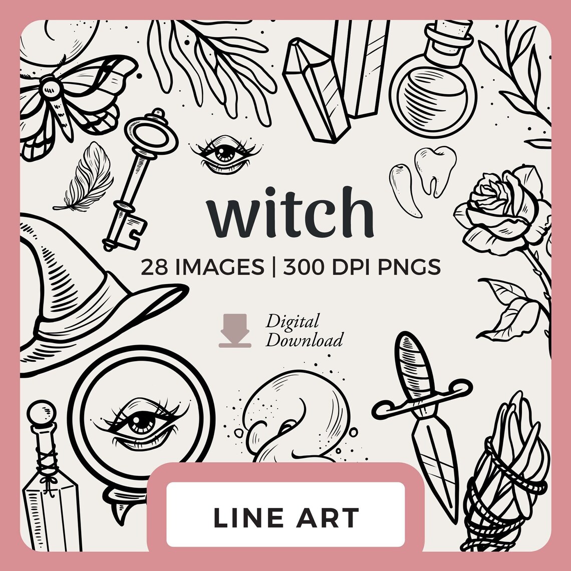 Witch Line Art Clipart: 28 Hand-drawn Witchcraft Illustrations (PNG ...
