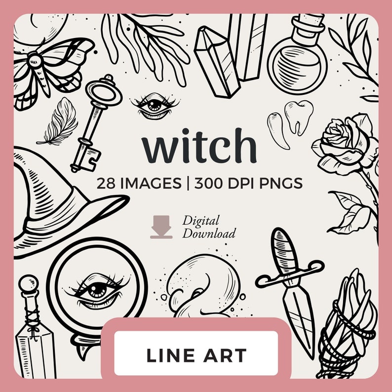Witch Line Art Clipart: 28 Hand-drawn Witchcraft Illustrations (PNG ...