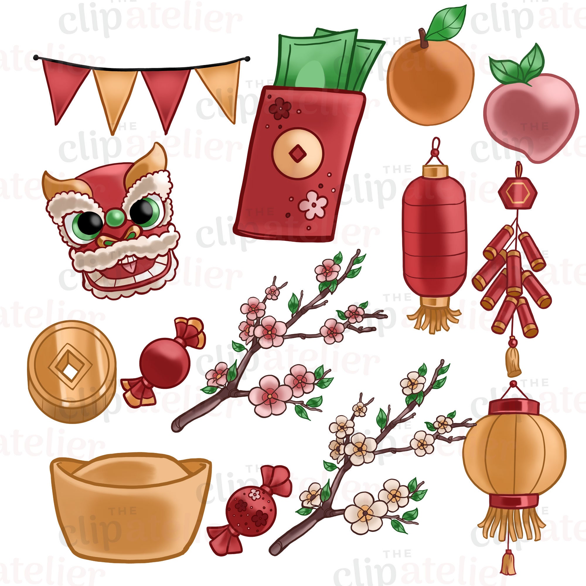Chinese New Year Clipart Illustrations Lunar New Year PNG - Etsy