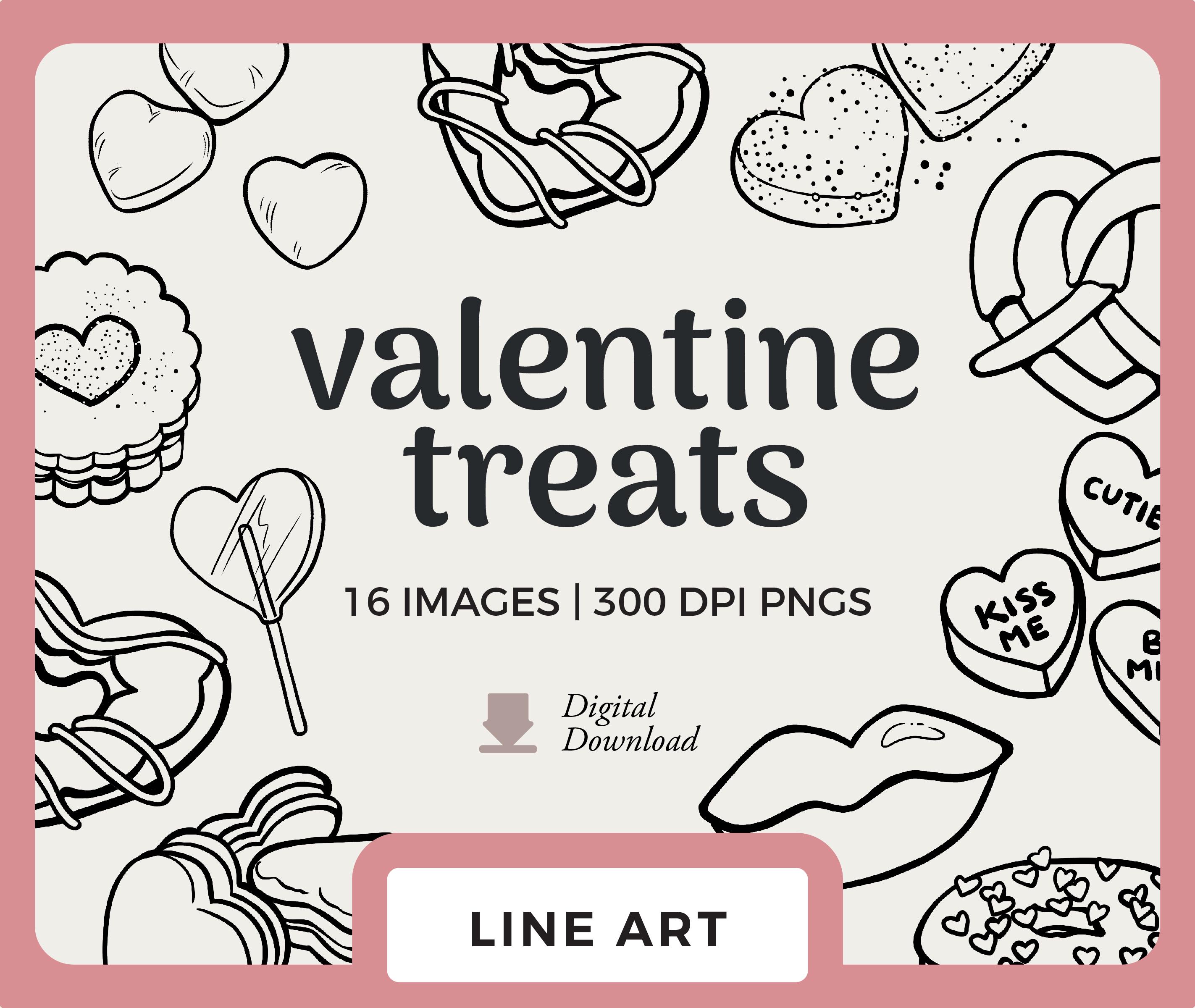 Valentine Treats Line Art Clipart: Heart Shaped Candy PNG Drawings ...