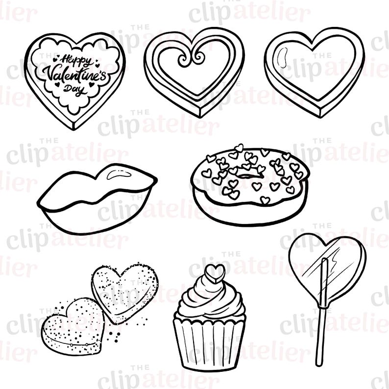 Valentine Treats Line Art Clipart: Heart Shaped Candy PNG Drawings ...