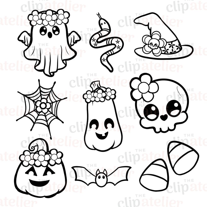 Boho Halloween Line Art | Hand-drawn Clipart Images | Spooky Cute ...