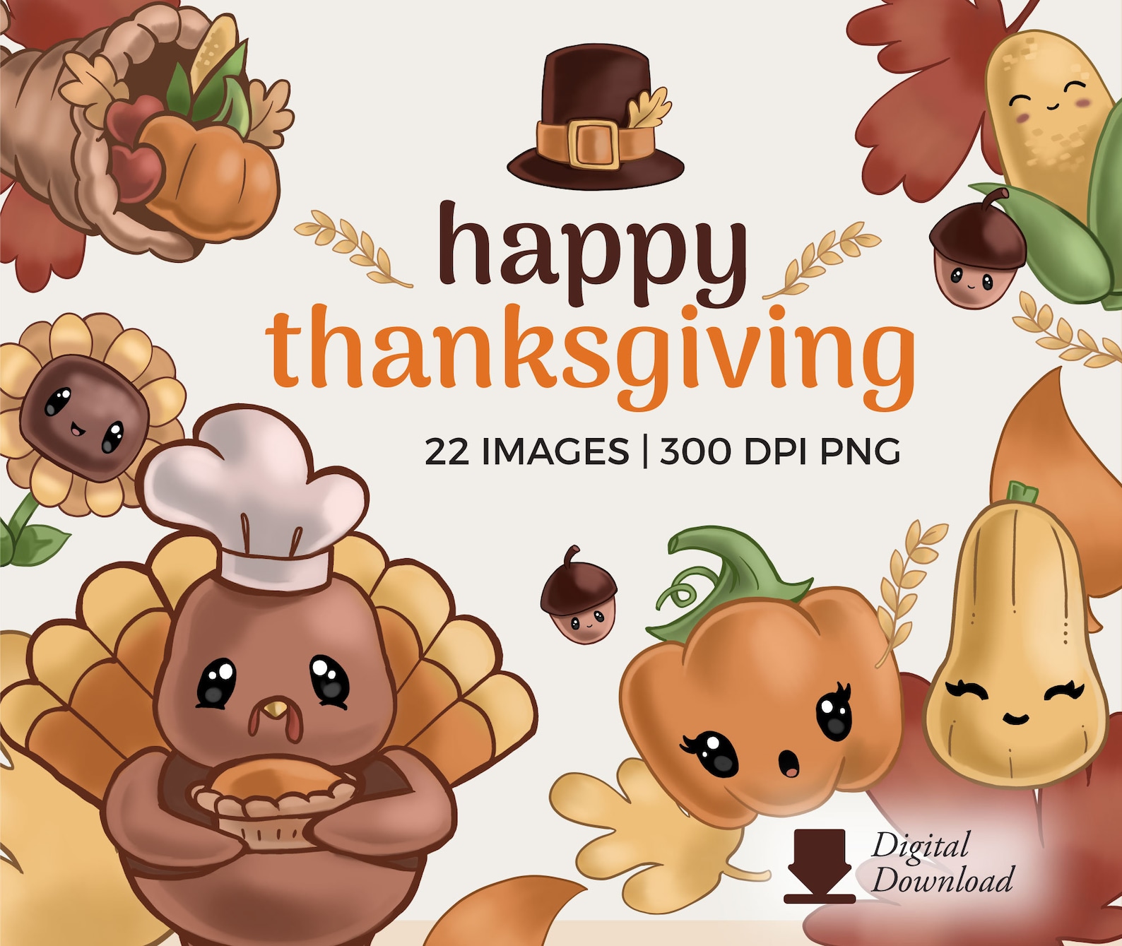Cute Thanksgiving Clipart Illustrations | Kawaii Turkey PNG Download ...