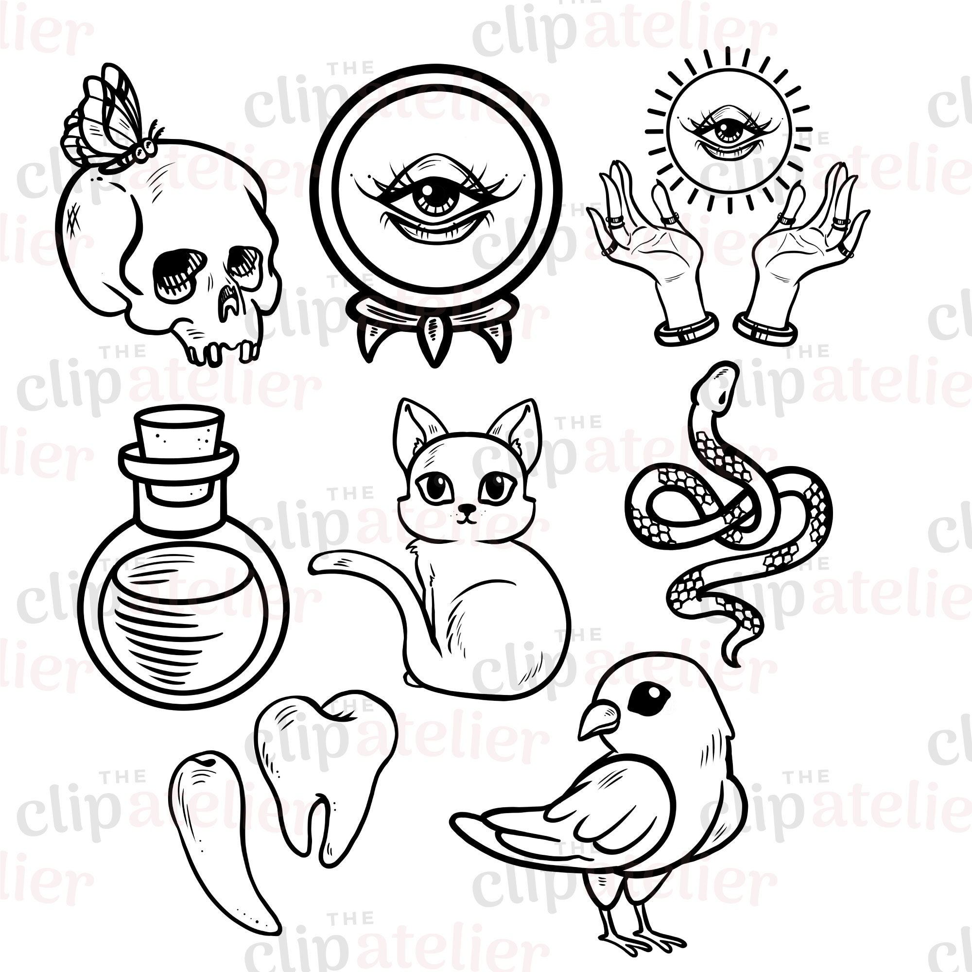 Witch Line Art Clipart: 28 Hand-drawn Witchcraft Illustrations (PNG ...