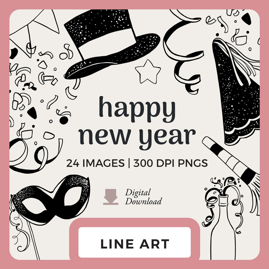 New Year Line Art | Hand-drawn New Year's Eve Clipart Images | Digital ...
