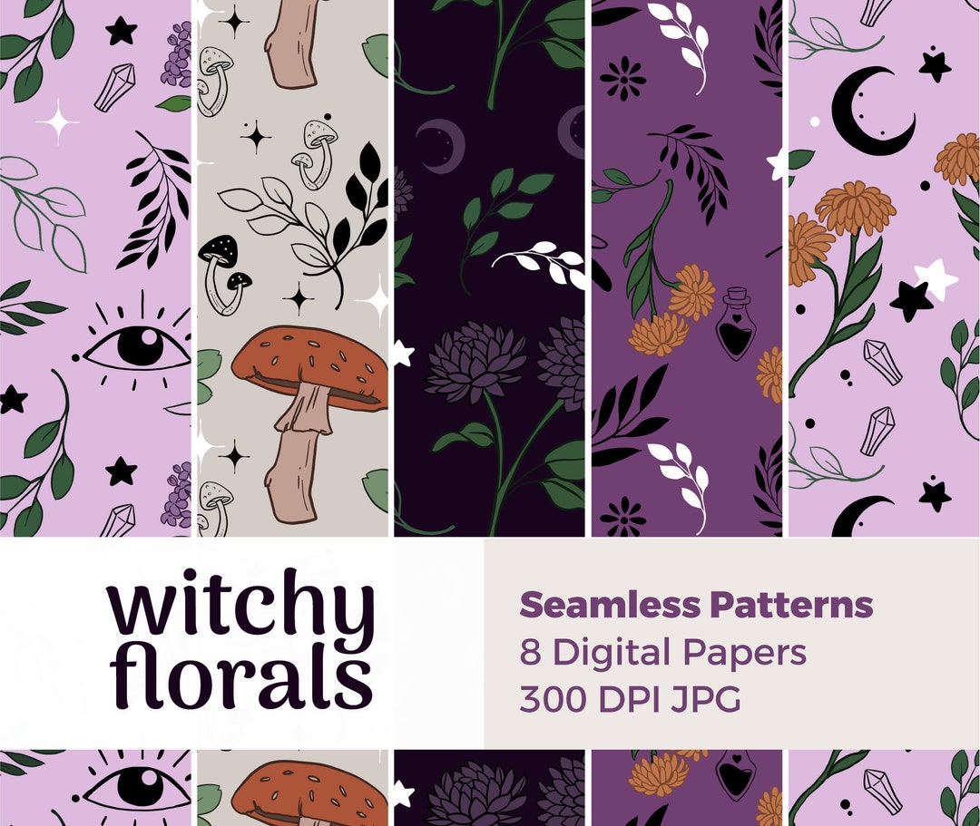 Witchy Floral Seamless Patterns: Digital Paper Pack, Botanical Witch ...