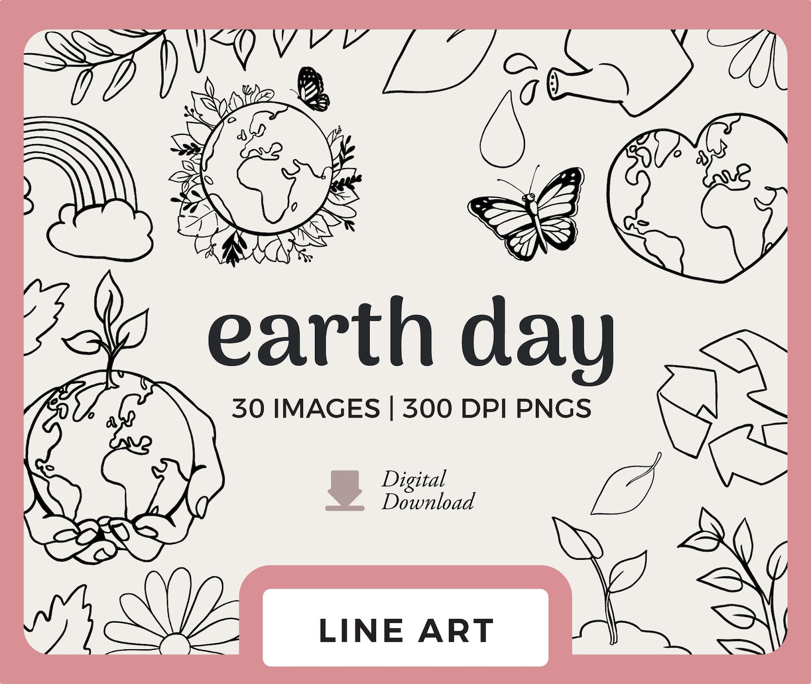 Earth Day Line Art: Black & White Sustainability and Recycling Graphics ...