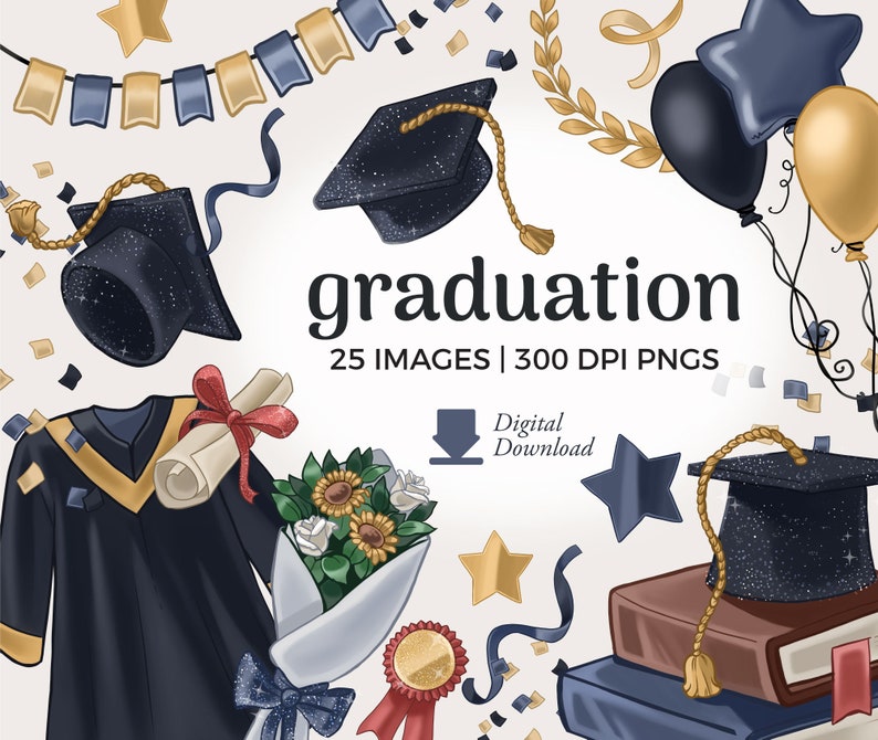 Graduation Clipart Illustrations: Cap, Gown, Diploma (PNG Download) - Etsy