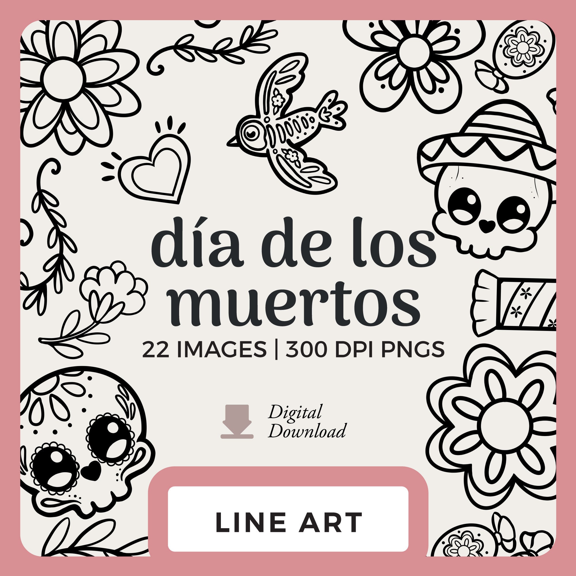 Dia De Los Muertos Line Art: Sugar Skulls, Flowers (digital Download ...