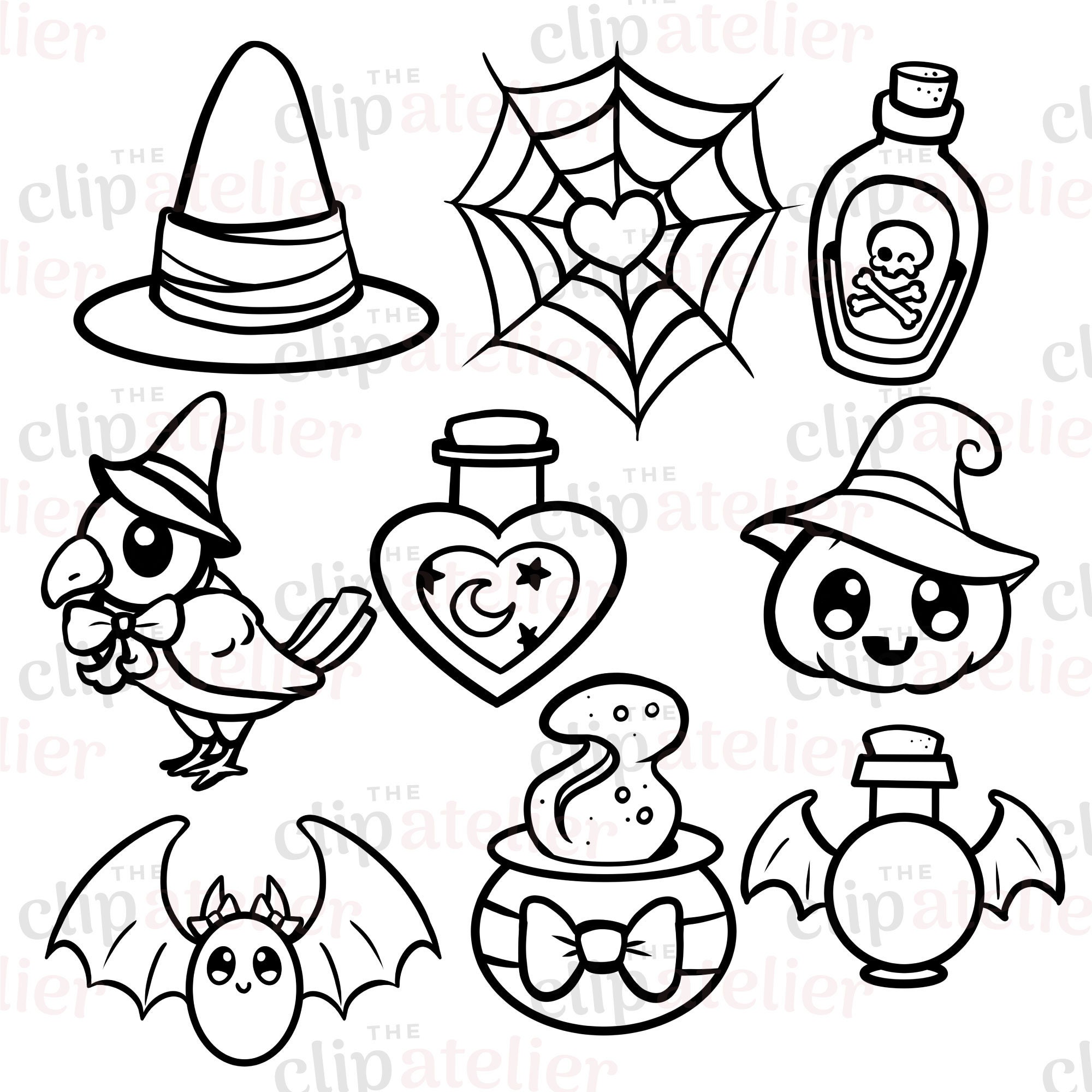 Cute Halloween Line Art Hand-drawn Clipart Images Spooky Cute Digital ...