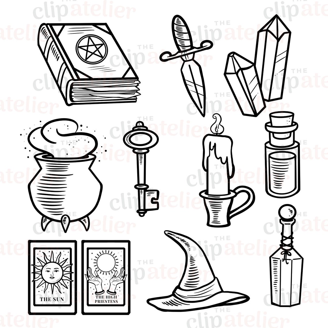 Witch Line Art Hand-drawn Clipart Download Witchcraft - Etsy