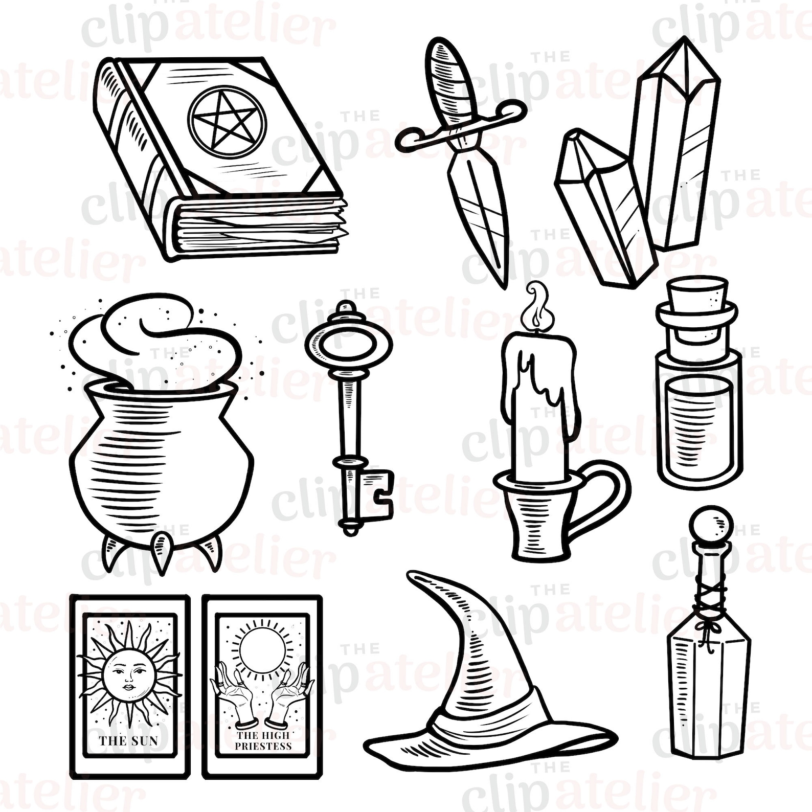 Witch Line Art Clipart: 28 Hand-drawn Witchcraft Illustrations (PNG ...