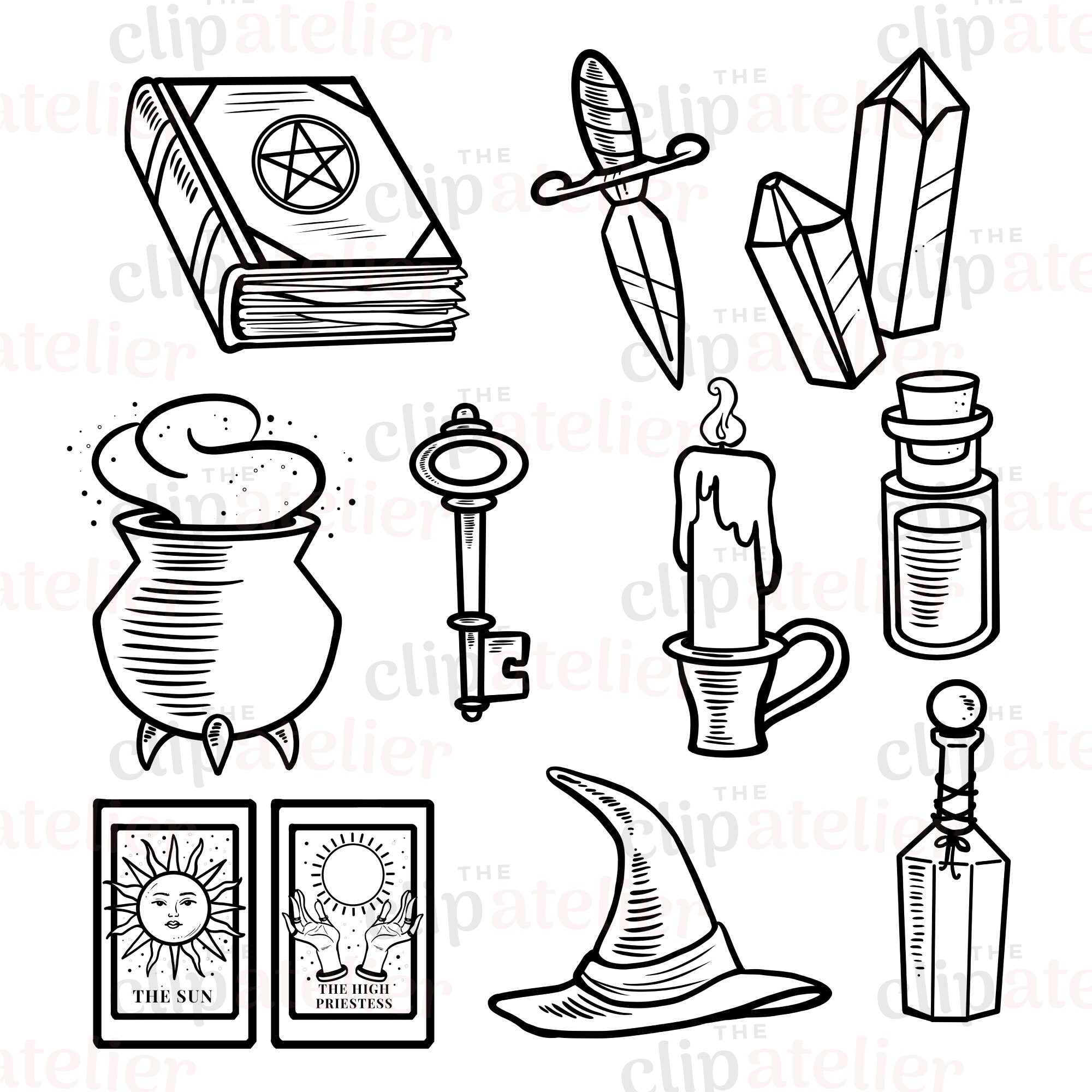 Witch Line Art Clipart: 28 Hand-drawn Witchcraft Illustrations (PNG ...
