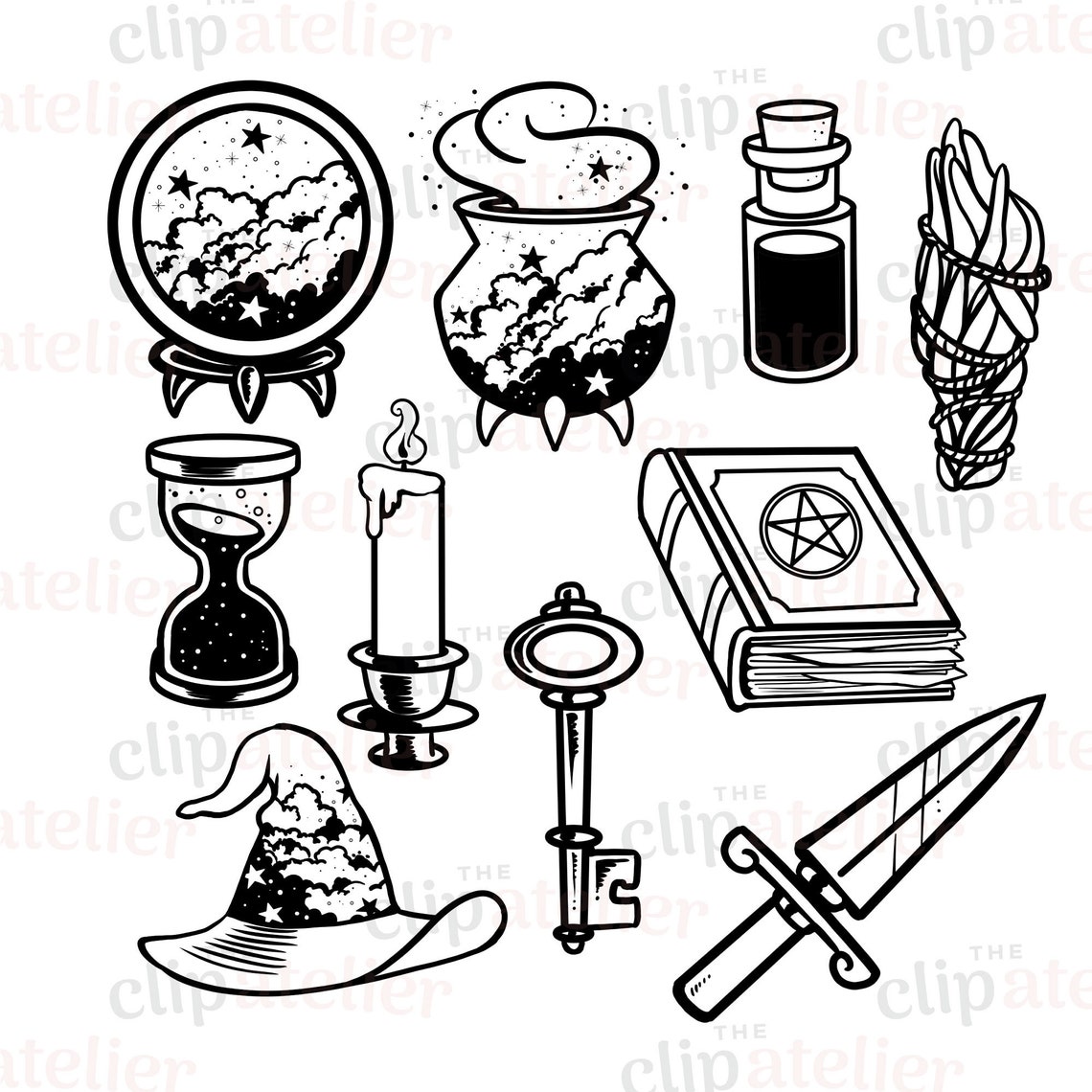 Celestial Witch Line Art Hand-drawn Clipart Download Cosmic Witch ...