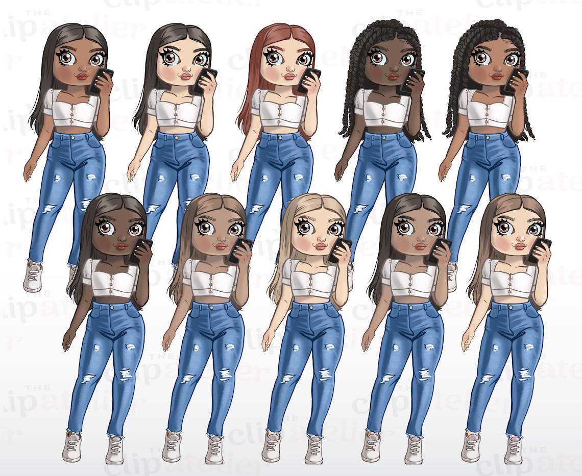 Ripped Denim Jeans Fashion Girl Clipart Chibi Fashion Girl - Etsy