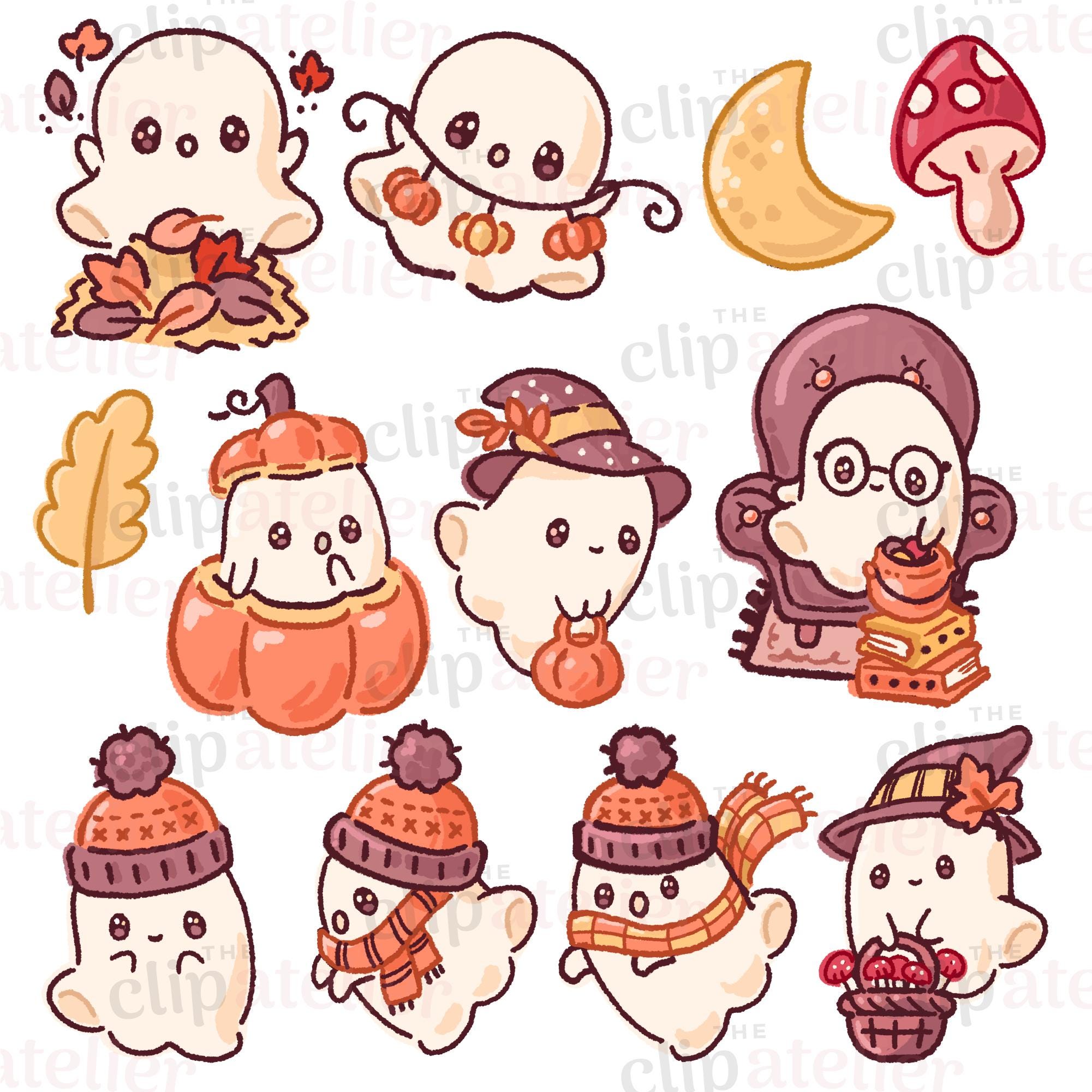 Kawaii Ghosts Clipart | Spooky Cute Fall Clipart PNG Illustrations ...