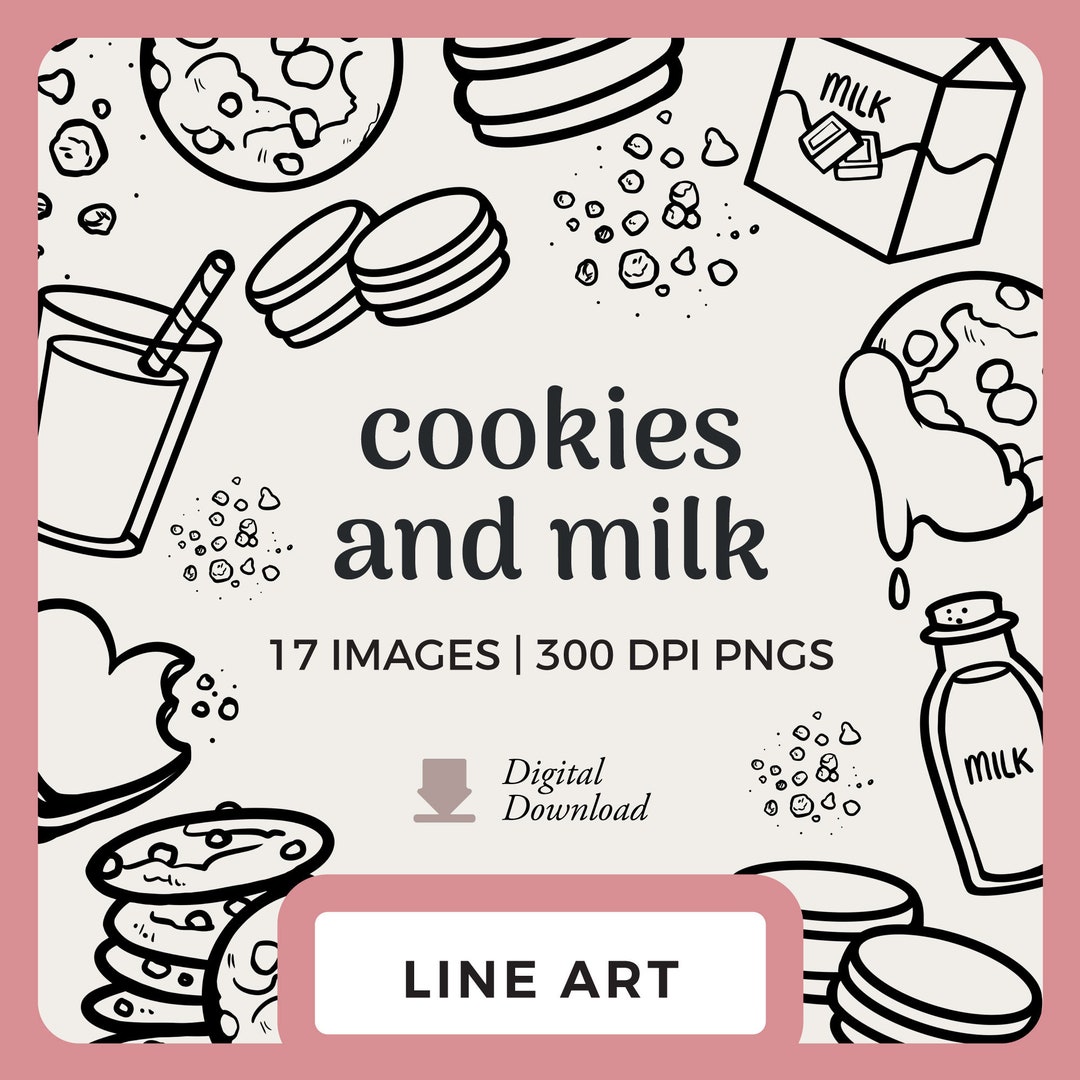 Milk and Cookies Line Art | Hand-drawn Clipart Images | Digital Stamps ...