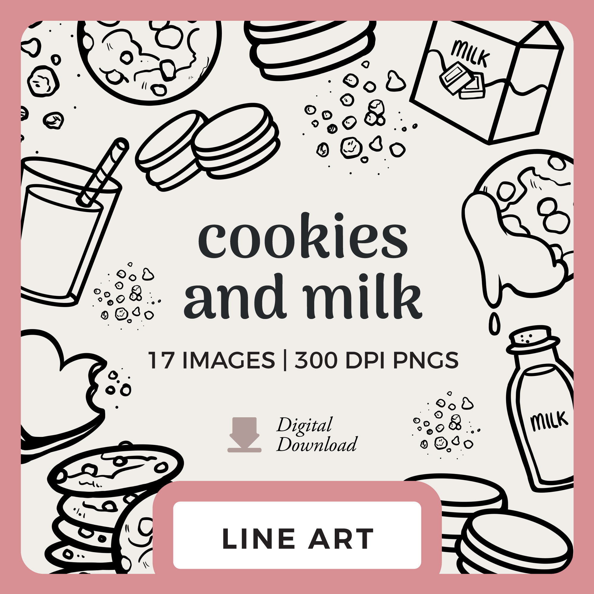 Milk and Cookies Line Art | Hand-drawn Clipart Images | Digital Stamps ...