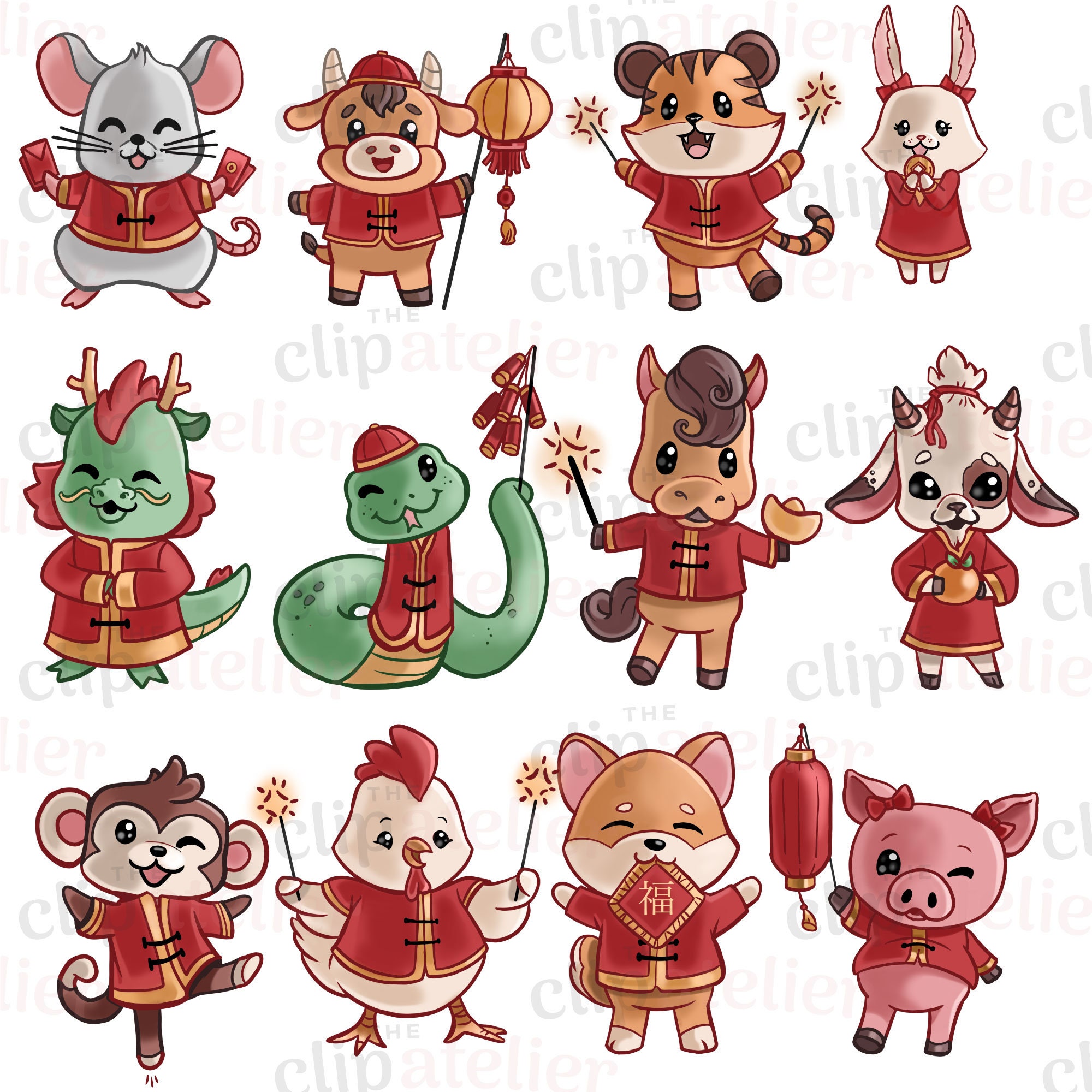 Chinese New Year Clipart Illustrations Lunar New Year PNG - Etsy
