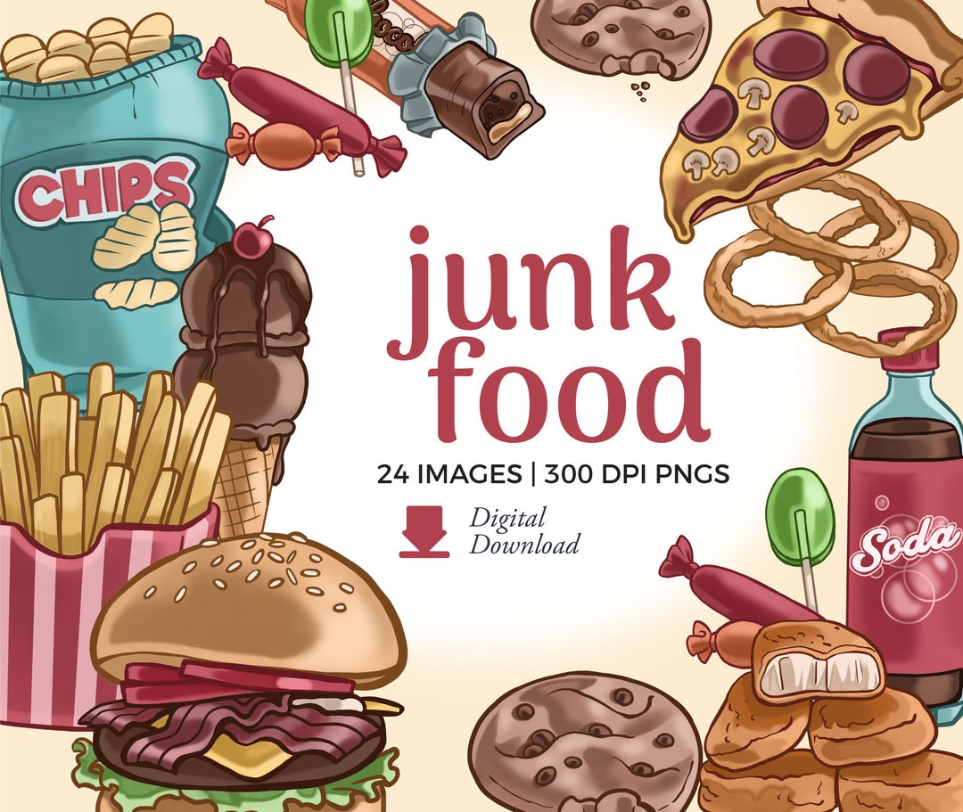 Junk Food Clipart: Burger, Pizza, Taco, Chips & Soda PNG Illustrations ...