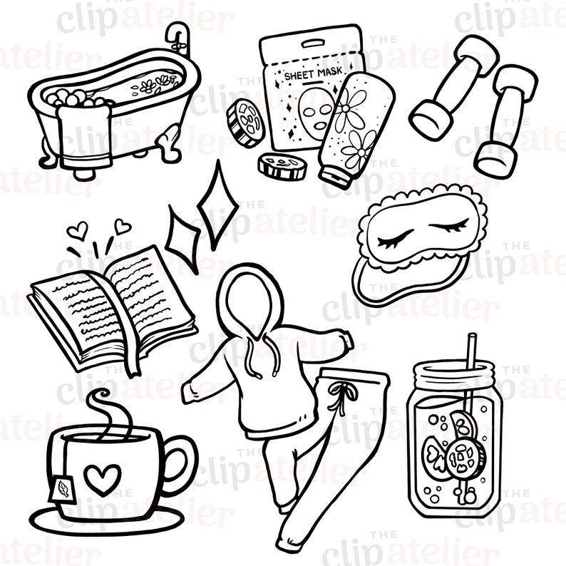 Self Care Line Art Hand-drawn Relaxation & Me Time Clipart Images ...