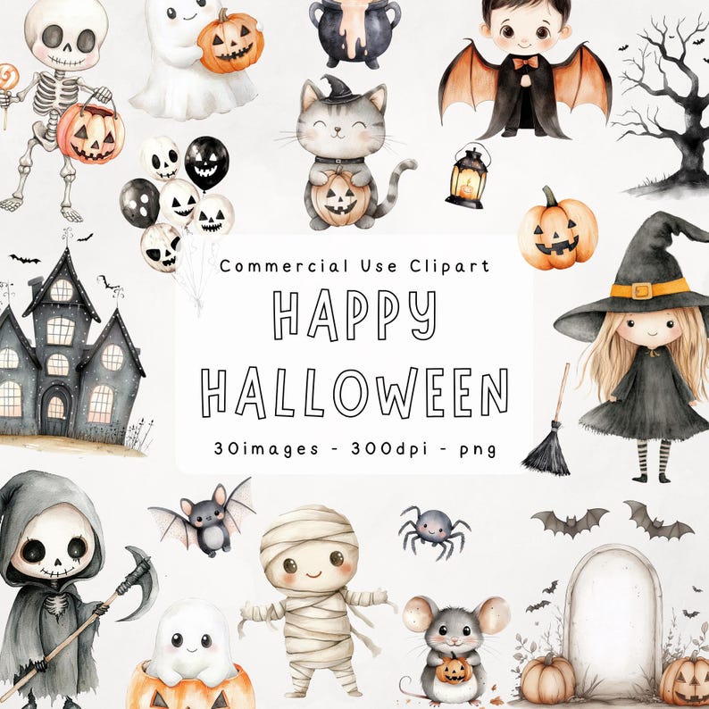 Halloween Clipart, Watercolour Cute Halloween Clipart, Pumpkin Clipart ...
