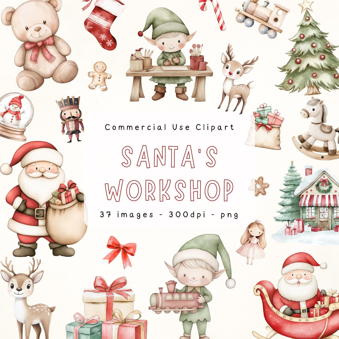 Cute Christmas Clipart, Santa's Workshop Clipart, Commercial Use ...