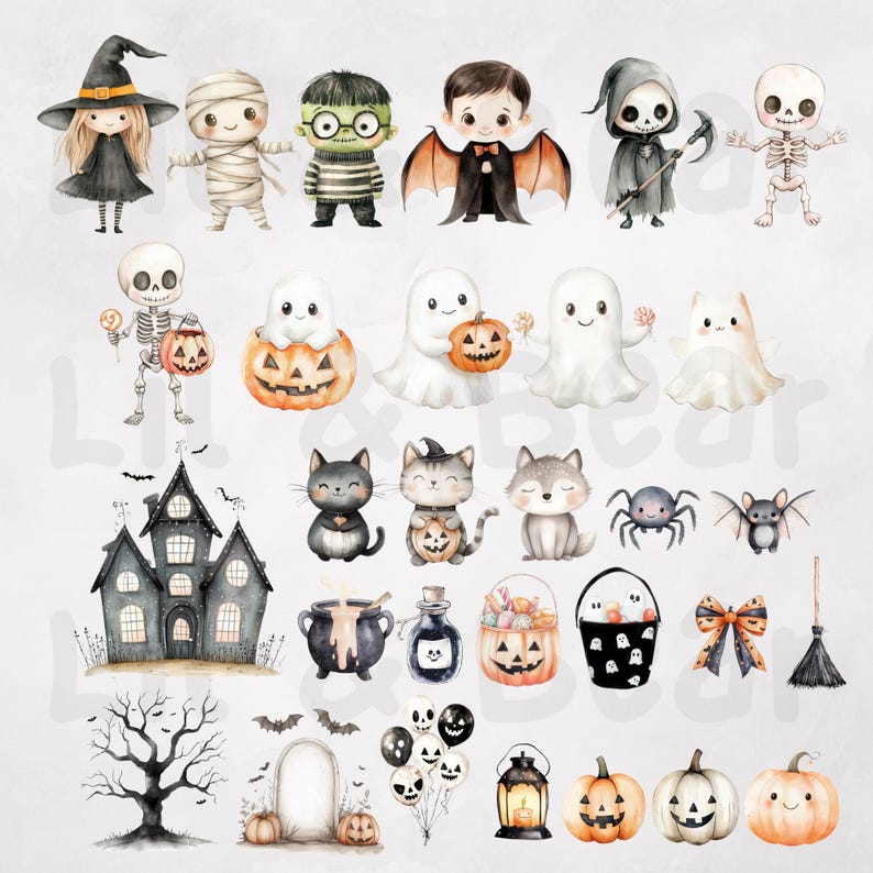 Halloween Clipart, Watercolour Cute Halloween Clipart, Pumpkin Clipart ...
