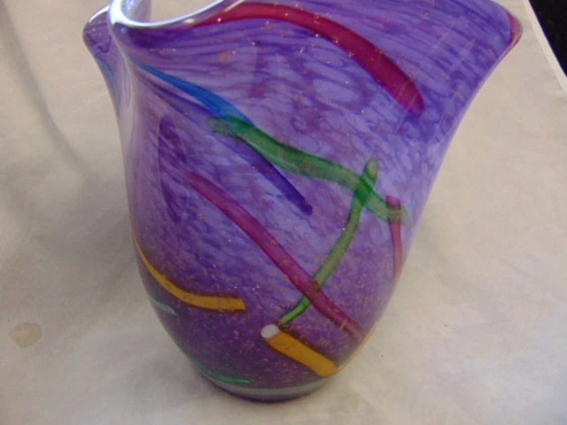 Robert Hamon Art Glass Vase With Ribbons of Red, Green and Blue Specked ...