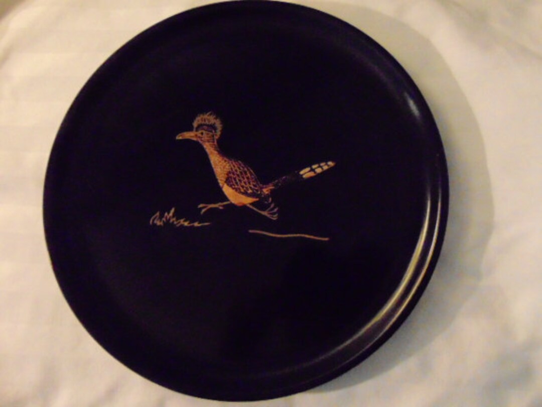 Couroc Black Round Tray With Roadrunner Bird in Center - Etsy