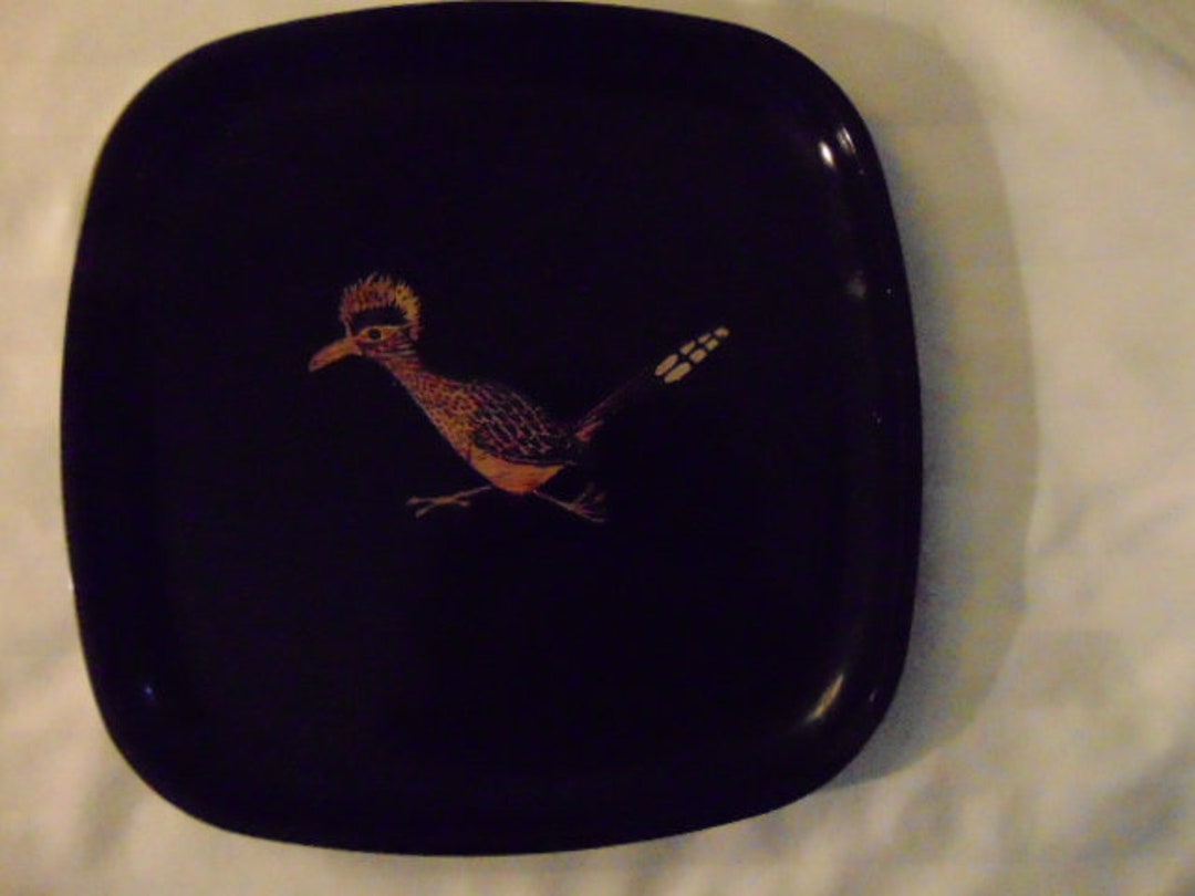Couroc Black Square Tray With Roadrunner Bird in Center - Etsy