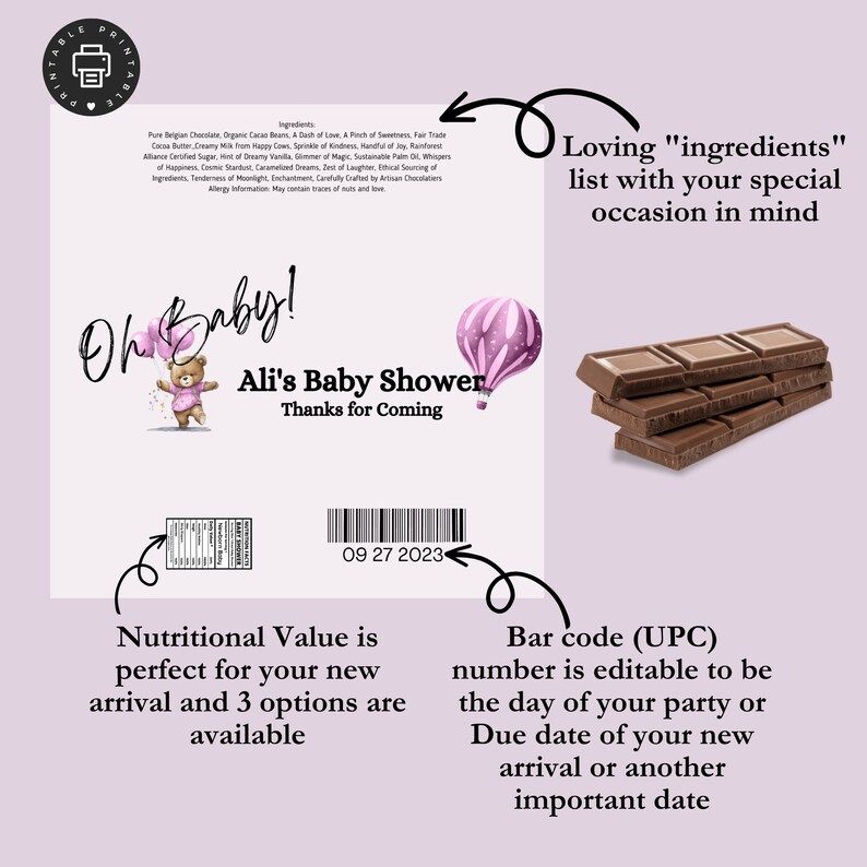 Customizable Chocolate Bar Wrapper, Instant Download, Baby Shower ...