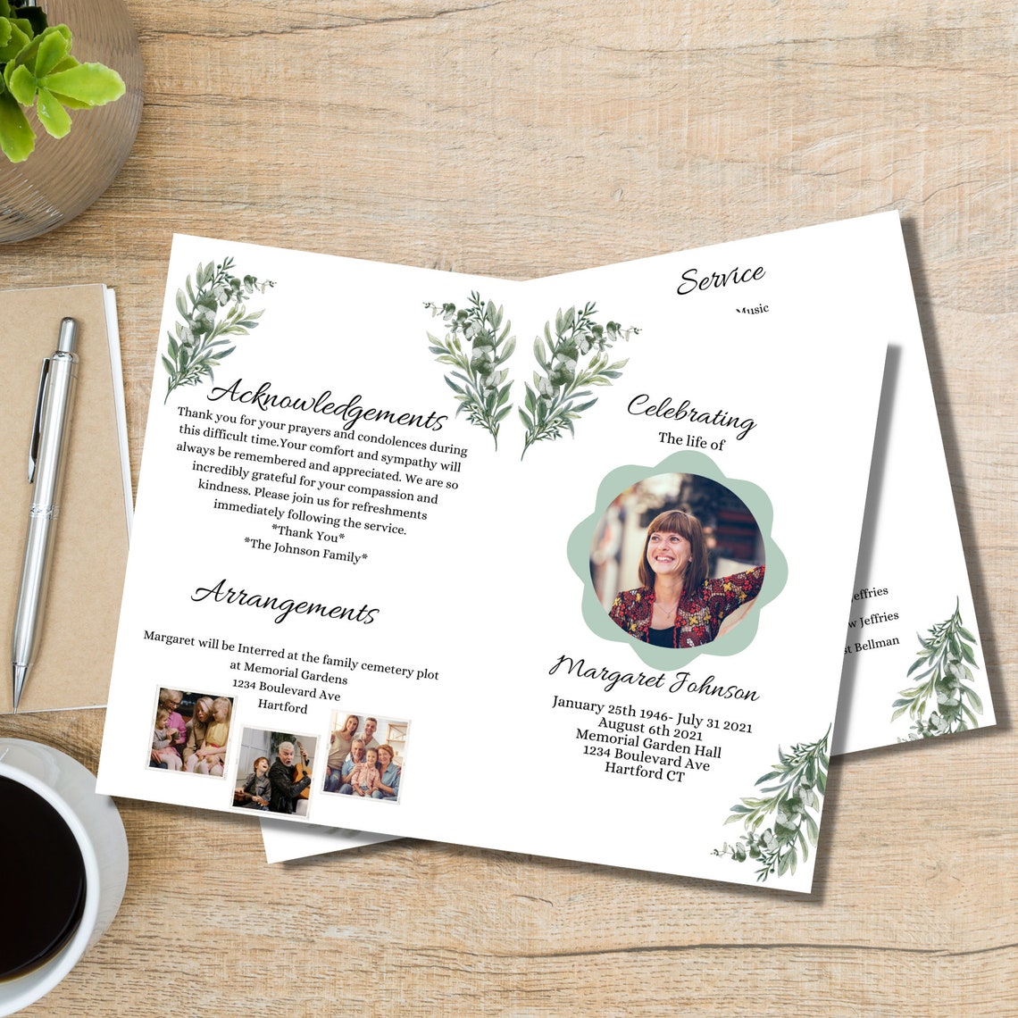 Funeral Program Template, Canva Funeral Printable, Editable Bi-fold ...