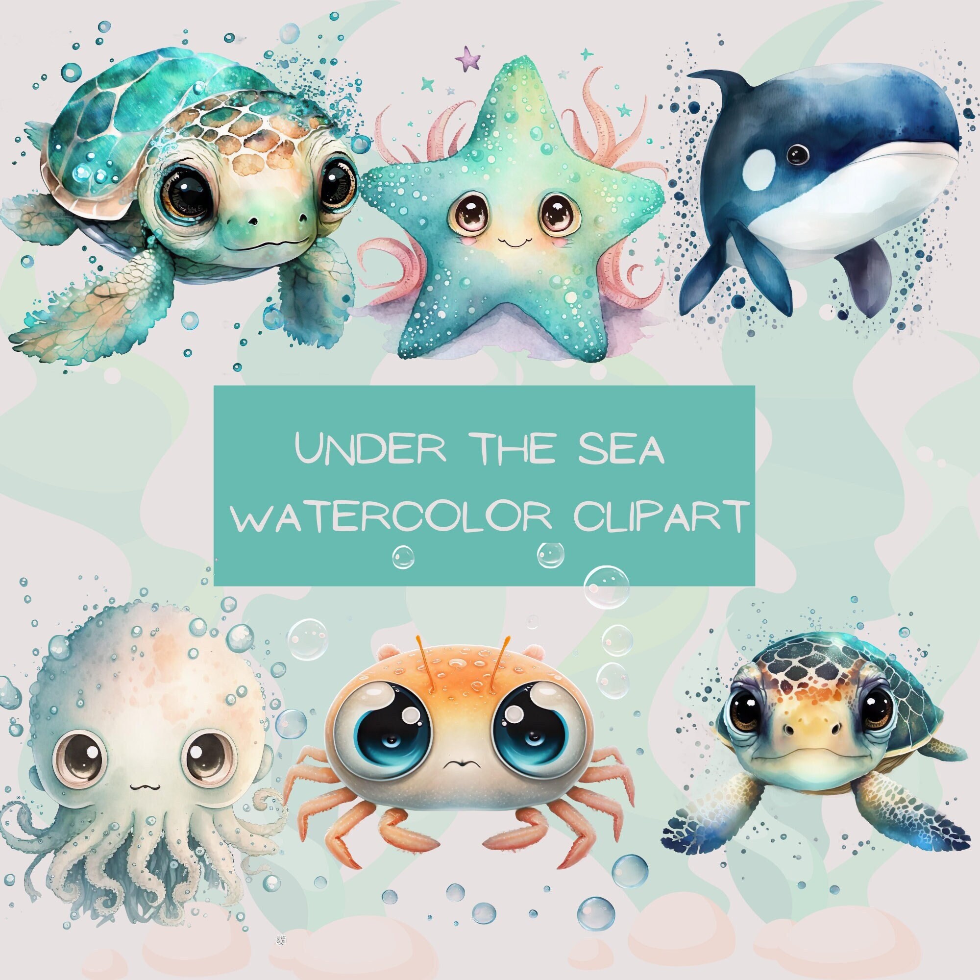 Watercolor Under the Sea Clipart ,turtles, Crab, Octopus, Starfish ...