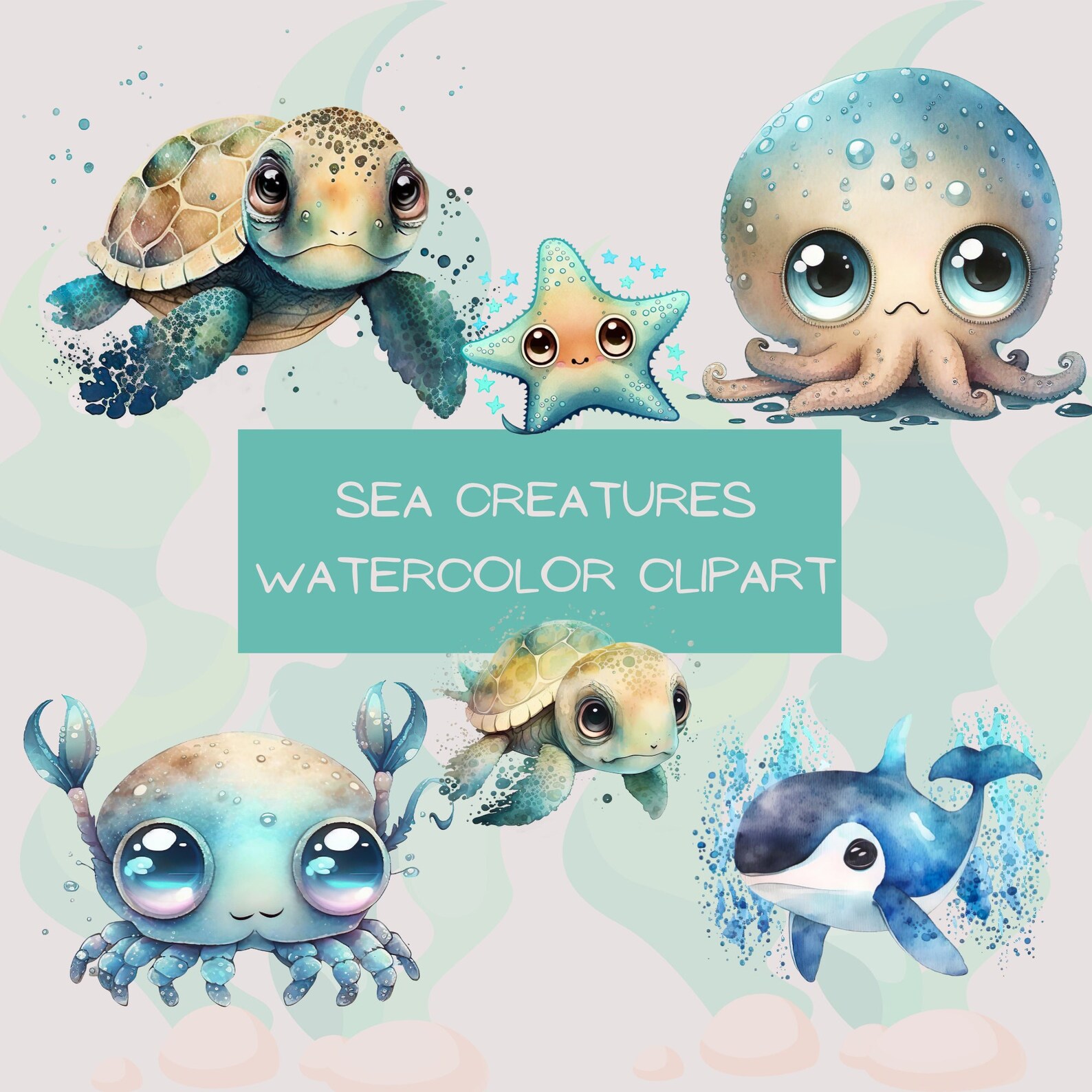 Watercolor Under the Sea Clipart ,turtles, Crab, Octopus, Starfish ...